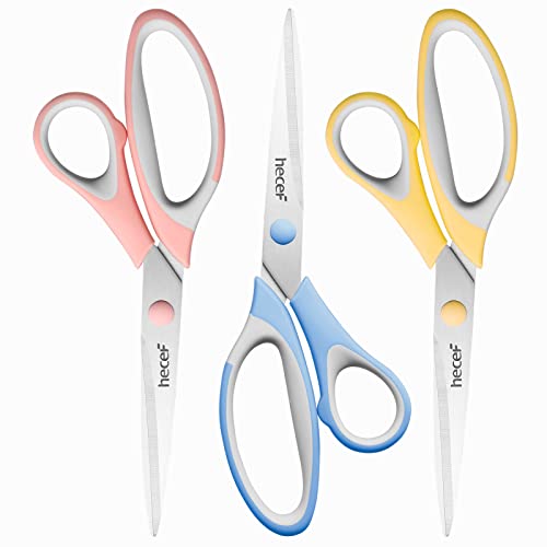 hecef 8” Craft Scissors All Purpose for Office, Sharp Sewing Scissors with Soft Grip Handles, Sturdy Stainless Steel Utility Scissors for School Home Art Craft DIY Supplies, 3 Pack