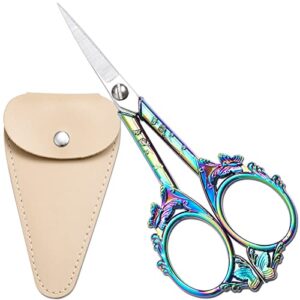 hitopty embroidery scissors, 4.7in small detail shears sharp precision craft scissor for sewing, cross stitch, needlework, thread yarn cutting – rainbow vintage manual diy tools w/ apricot sheath