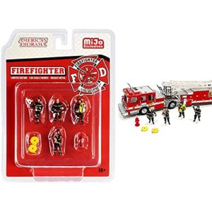 firefighter 7 piece diecast set (4 figurines and 3 accessories) for 1/64 scale models by american diorama 76468