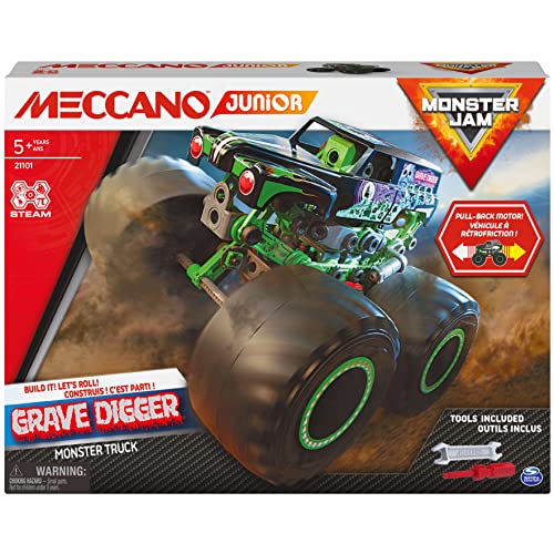 Meccano Junior, Official Monster Jam Grave Digger Monster Truck STEM Model Building Kit with Pull-Back Motor, Kids Toys for Ages 5 and up