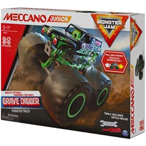 Meccano Junior, Official Monster Jam Grave Digger Monster Truck STEM Model Building Kit with Pull-Back Motor, Kids Toys for Ages 5 and up