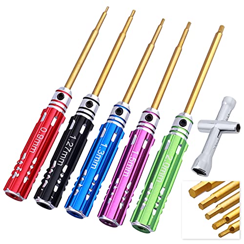 6-Pack Mini 0.9mm 1.27mm 1.3mm 1.5mm 2.0mm Hex Screw Driver Set Titanium Hexagon Screwdriver & 4-Way Wrench Tool Kit for Axial SCX24 1/24 RC Crawler Truck