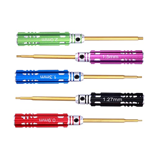 6-Pack Mini 0.9mm 1.27mm 1.3mm 1.5mm 2.0mm Hex Screw Driver Set Titanium Hexagon Screwdriver & 4-Way Wrench Tool Kit for Axial SCX24 1/24 RC Crawler Truck