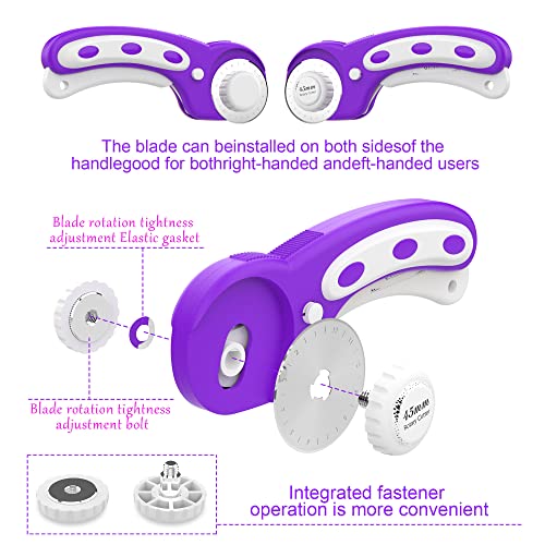 Rotary Cutter,Rotary Cutter for Fabric 45mm with Safety Lock Suitable for Cutting Fabric,Paper,Vinyl,Felt,Leather,Etc,Including Special Storage Box,6 Replacement Blades,Precision Knife,Tape Measure