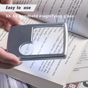 2 Pieces 3X 6X Pocket Magnifying Glass with Light, Card Type Magnifying Portable Glasses Lighted Magnifier for Reading Jewelry Menu Travel Contracts Home (Sliver)