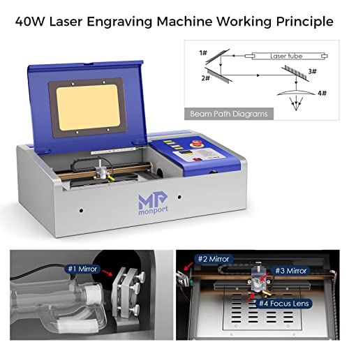 Monport 40w Lightburn with GCode License Key for Lightburn Software 40W Laser Engraver (8" X 12") CO2 Laser Engraver with Red Dot Guidance, 3 LED Monitor Display and Water Cooling System