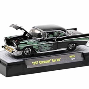 1957 Chevy Bel Air Black Metallic with Green Flames Limited Edition to 8250 Pieces Worldwide 1/64 Diecast Model Car by M2 Machines 31500-HS28