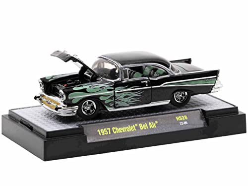 1957 Chevy Bel Air Black Metallic with Green Flames Limited Edition to 8250 Pieces Worldwide 1/64 Diecast Model Car by M2 Machines 31500-HS28