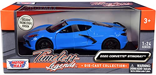 MotormaxToy 2020 Chevy Corvette C8 Stingray Blue with Silver Racing Stripes Timeless Legends 1/24 Diecast Model Car by Motormax79360