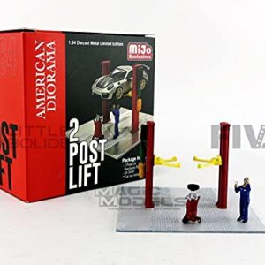 Two Post Lift (Red) with Mechanic Figurine and Oil Drainer Diorama Set for 1/64 Scale Models by American Diorama 38375