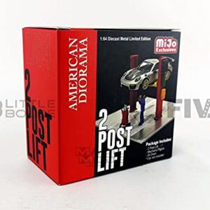 Two Post Lift (Red) with Mechanic Figurine and Oil Drainer Diorama Set for 1/64 Scale Models by American Diorama 38375