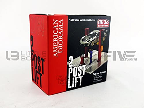 Two Post Lift (Red) with Mechanic Figurine and Oil Drainer Diorama Set for 1/64 Scale Models by American Diorama 38375