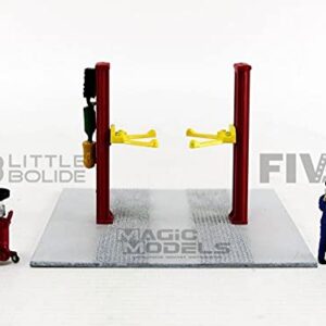 Two Post Lift (Red) with Mechanic Figurine and Oil Drainer Diorama Set for 1/64 Scale Models by American Diorama 38375