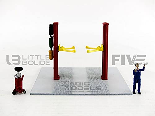 Two Post Lift (Red) with Mechanic Figurine and Oil Drainer Diorama Set for 1/64 Scale Models by American Diorama 38375