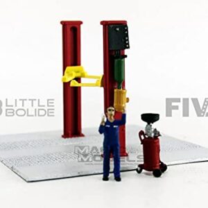 Two Post Lift (Red) with Mechanic Figurine and Oil Drainer Diorama Set for 1/64 Scale Models by American Diorama 38375