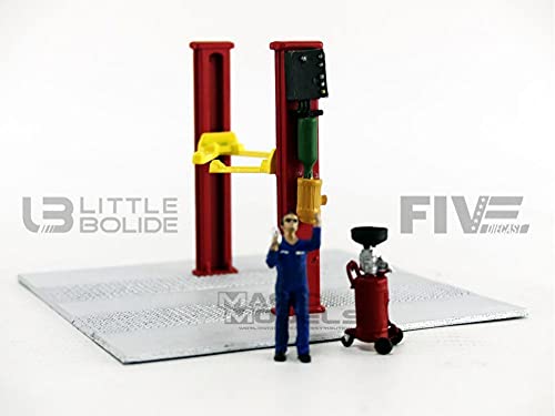 Two Post Lift (Red) with Mechanic Figurine and Oil Drainer Diorama Set for 1/64 Scale Models by American Diorama 38375