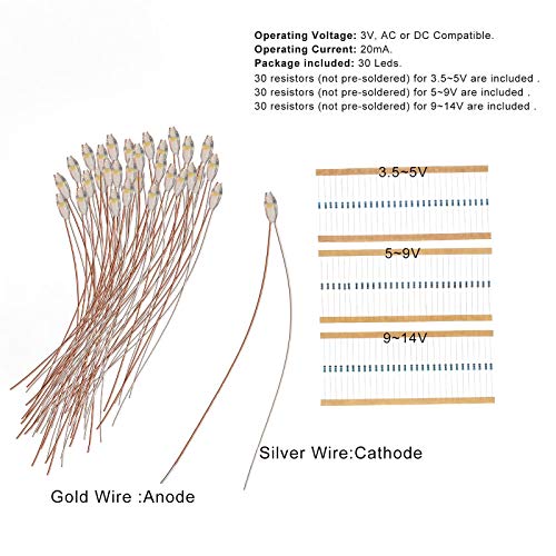 Evemodel 30pcs Pre-soldered Micro Litz Wire Warm White 0603 SMD LED Light 7.8'' Wire Resin Cover Waterproof CD0603WM