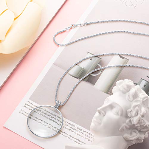 4 Pieces 5.5X Magnifying Glass Necklace Magnifier Necklace Pendant Optical Magnifier with Chain Necklace for Library, Reading, Zooming and Jewelry (Silver)