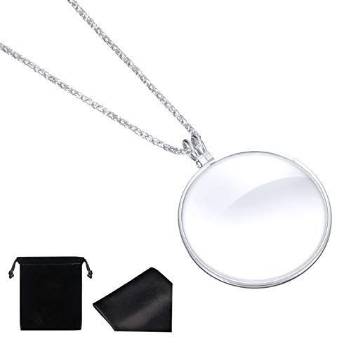 4 Pieces 5.5X Magnifying Glass Necklace Magnifier Necklace Pendant Optical Magnifier with Chain Necklace for Library, Reading, Zooming and Jewelry (Silver)