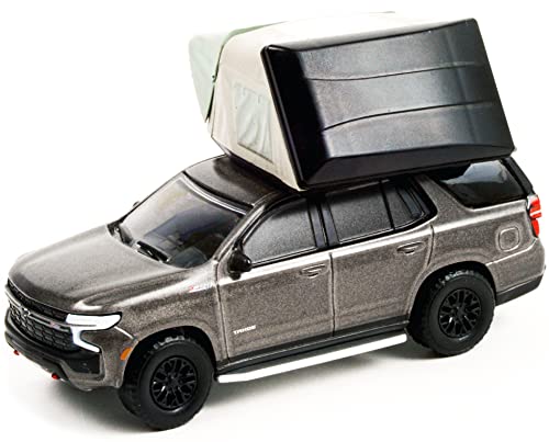 2021 Chevy Tahoe Z71 Gray Metallic with Modern Rooftop Tent The Great Outdoors Series 1 1/64 Diecast Model Car by Greenlight 38010 E