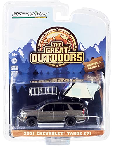 2021 Chevy Tahoe Z71 Gray Metallic with Modern Rooftop Tent The Great Outdoors Series 1 1/64 Diecast Model Car by Greenlight 38010 E