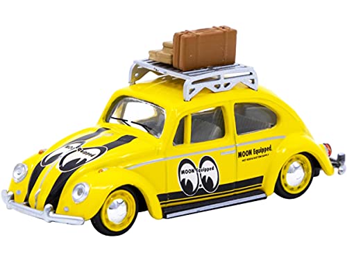 VW Beetle Low Ride Yellow with Roof Rack and Luggage Mooneyes Collaboration Model 1/64 Diecast Model Car by Schuco & Tarmac Works T64S-006-ME1