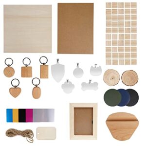 twotrees laser engraving material box kit, 124 pcs of diy materials for laser engraver with metal business cards wooden cubes plywood dog tags photo frames keychains hang tags leather coasters