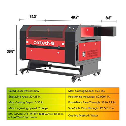 OMTech 80W CO2 Laser Engraver Machine, 20x28 Inch Laser Etching Machine with Water Chiller & Autofocus, Laser Engraving Machine with Motorized Workbed Air Assist & Ruida Controls for Home Office DIY