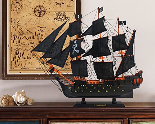 NAUTIMALL Wooden Black Pearl Caribbean Pirate Ship Model 20" Handcrafted Assembled Boat Gift Nautical Décor Display Collection Watercraft Beach Black Hamptons