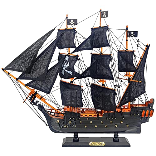 NAUTIMALL Wooden Black Pearl Caribbean Pirate Ship Model 20" Handcrafted Assembled Boat Gift Nautical Décor Display Collection Watercraft Beach Black Hamptons