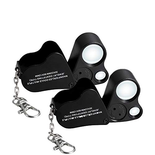 Jiusion 2 Pack Portable Lighted LED Illuminated Jewelry Magnifier 30X 60X Wearable Handheld Dual Lens Eye Loupe Magnifying Glasses Micro Microscope with Keychain and Lanyard