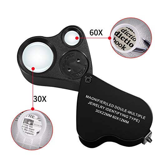 Jiusion 2 Pack Portable Lighted LED Illuminated Jewelry Magnifier 30X 60X Wearable Handheld Dual Lens Eye Loupe Magnifying Glasses Micro Microscope with Keychain and Lanyard