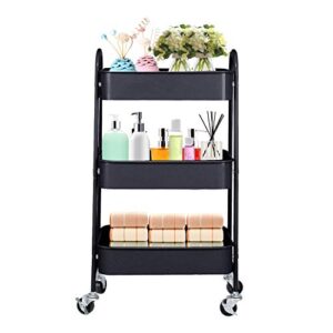 3-tier metal mesh utility rolling cart storage organizer with wheels, black