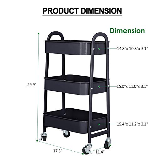 3-Tier Metal Mesh Utility Rolling Cart Storage Organizer with Wheels, Black