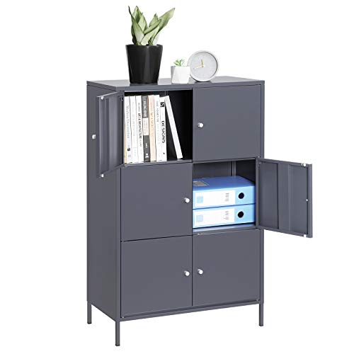 SONGMICS Storage Cabinet, 3-Tier Metal Office Cabinet, Multipurpose Storage Organiser Stand with 6 Doors, 27.5 x 14.2 x 44.2 Inches, Max. Load Capacity 33 lb per Shelf, Gray UOMC06GB