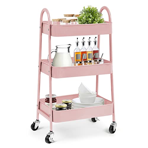 LEZIOA 3 Tier Metal Rolling Cart, Multipurpose Compact Storage Cart with Wheels, Easy to Assemble & Move, Suitable for Kitchen Office Bathroom Classroom (Pink)