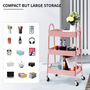 LEZIOA 3 Tier Metal Rolling Cart, Multipurpose Compact Storage Cart with Wheels, Easy to Assemble & Move, Suitable for Kitchen Office Bathroom Classroom (Pink)