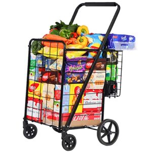 goferoy jumbo shopping cart for groceries holds up to 115l/200ibs,with 360°rolling swivel wheels utility cart, double basket design, ,foldable and easy to carry, saving space,grocery cart on wheels