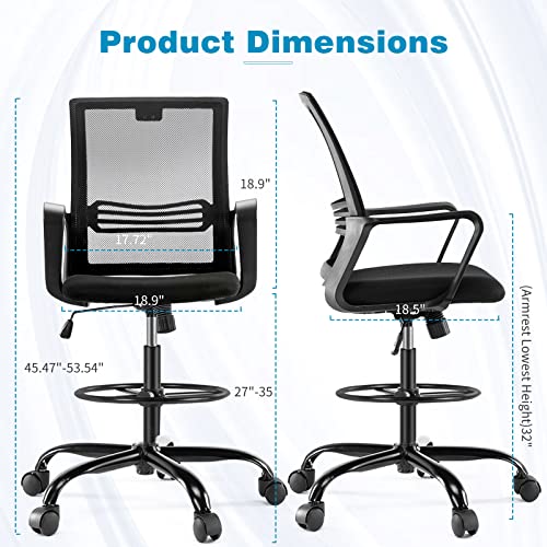 Drafting Chair, Tall Office Chair with Adjustable Foot Ring, Standing Desk Chair with Ergonomic Lumbar Support and Adjustable Armrests, Swivel Rolling Tall Chair, Breathable Mesh, Height Adjustable