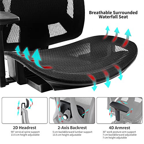 HOMESTOOL Office Chair Ergonomic Desk Chair with 2-axis Adjustable Lumbar Support, Carbon Fabric Mesh Chair PC Computer Chair High Back Office Chair with Waterfall Seat 330lbs Capacity Black