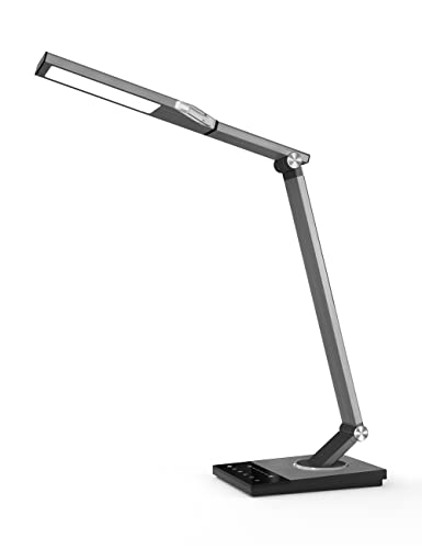 sympa Metal LED Desk Lamp, 12W Desktop Office Lamp, Reading Desk Light with 5V/2A USB Port, 5 Color Temperatures, 6 Brightness Levels, Touch Control for Dorm, Home Office, Bedroom, Living Room Grey