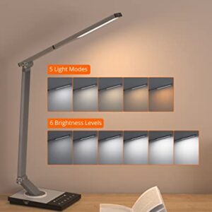 sympa Metal LED Desk Lamp, 12W Desktop Office Lamp, Reading Desk Light with 5V/2A USB Port, 5 Color Temperatures, 6 Brightness Levels, Touch Control for Dorm, Home Office, Bedroom, Living Room Grey