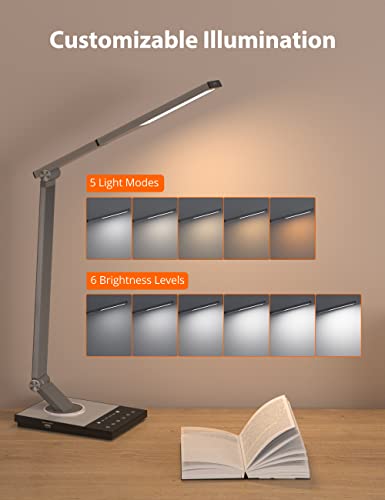 sympa Metal LED Desk Lamp, 12W Desktop Office Lamp, Reading Desk Light with 5V/2A USB Port, 5 Color Temperatures, 6 Brightness Levels, Touch Control for Dorm, Home Office, Bedroom, Living Room Grey