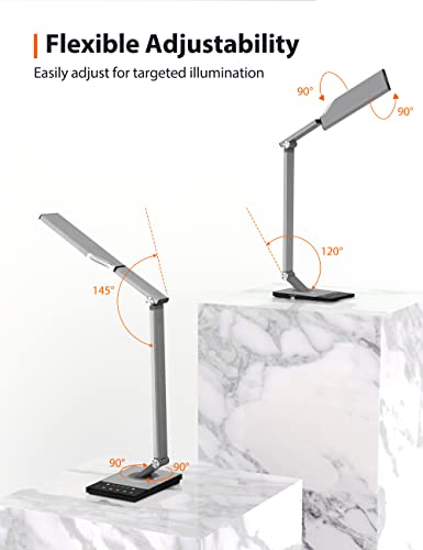 sympa Metal LED Desk Lamp, 12W Desktop Office Lamp, Reading Desk Light with 5V/2A USB Port, 5 Color Temperatures, 6 Brightness Levels, Touch Control for Dorm, Home Office, Bedroom, Living Room Grey