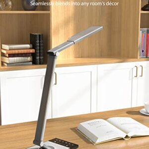 sympa Metal LED Desk Lamp, 12W Desktop Office Lamp, Reading Desk Light with 5V/2A USB Port, 5 Color Temperatures, 6 Brightness Levels, Touch Control for Dorm, Home Office, Bedroom, Living Room Grey