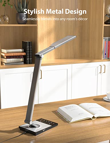 sympa Metal LED Desk Lamp, 12W Desktop Office Lamp, Reading Desk Light with 5V/2A USB Port, 5 Color Temperatures, 6 Brightness Levels, Touch Control for Dorm, Home Office, Bedroom, Living Room Grey