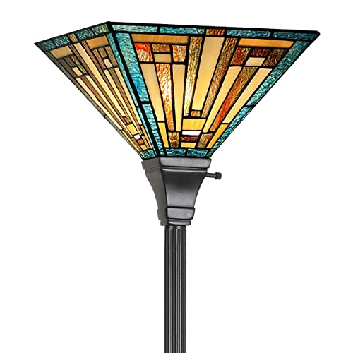 COTOSS Tiffany Torchiere Floor Lamp Mission Style Green Stained Glass Torch Light 70" Tall Antique Standing Corner Light for Living Room Bedroom Home Office