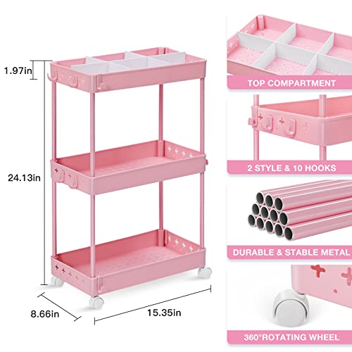 KINGRACK 3-Tier Rolling Utility Storage Cart with Adjustable Dividers,Multi-Purpose Storage Craft Art Cart Trolley Organizer,Slide Out Cart for Bedroom Bathroom Kid's Room Laundry Room,Pink