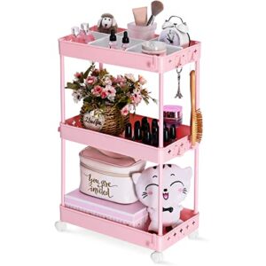 kingrack 3-tier rolling utility storage cart with adjustable dividers,multi-purpose storage craft art cart trolley organizer,slide out cart for bedroom bathroom kid’s room laundry room,pink