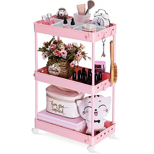 KINGRACK 3-Tier Rolling Utility Storage Cart with Adjustable Dividers,Multi-Purpose Storage Craft Art Cart Trolley Organizer,Slide Out Cart for Bedroom Bathroom Kid's Room Laundry Room,Pink